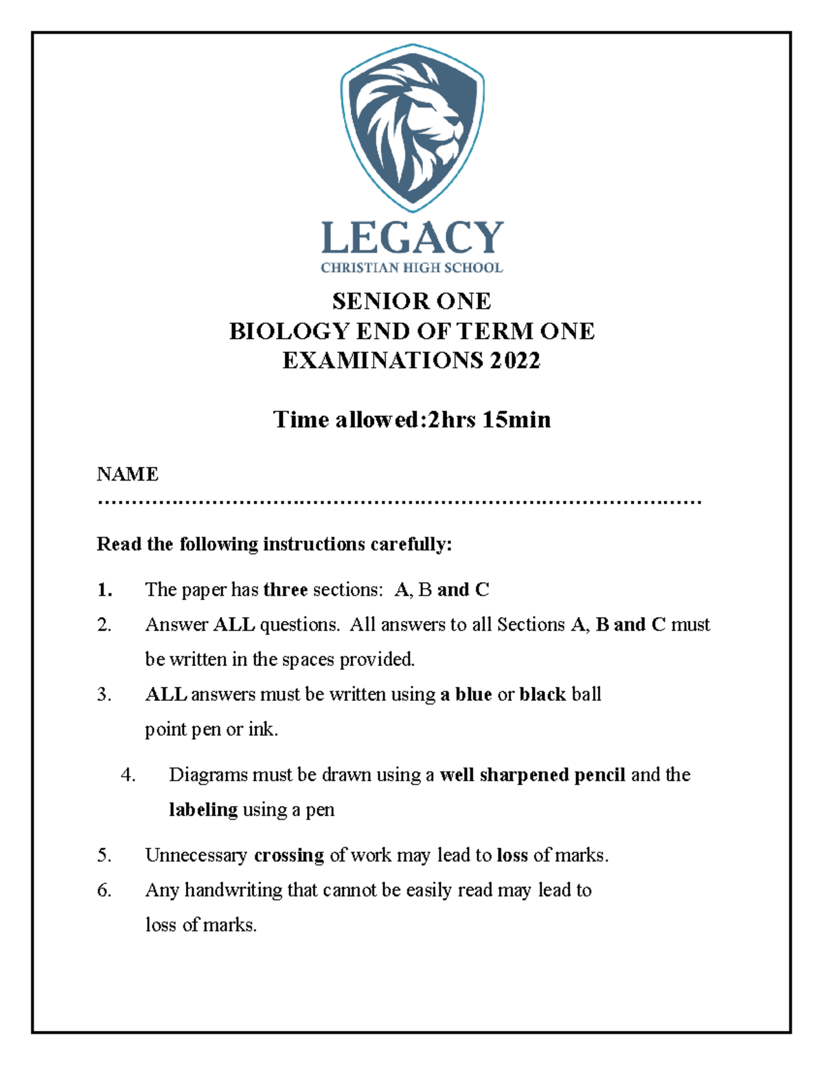 END OF TERM ONE BIOLOGY EXAMINATION SENIOR ONE BIO123 - Studocu