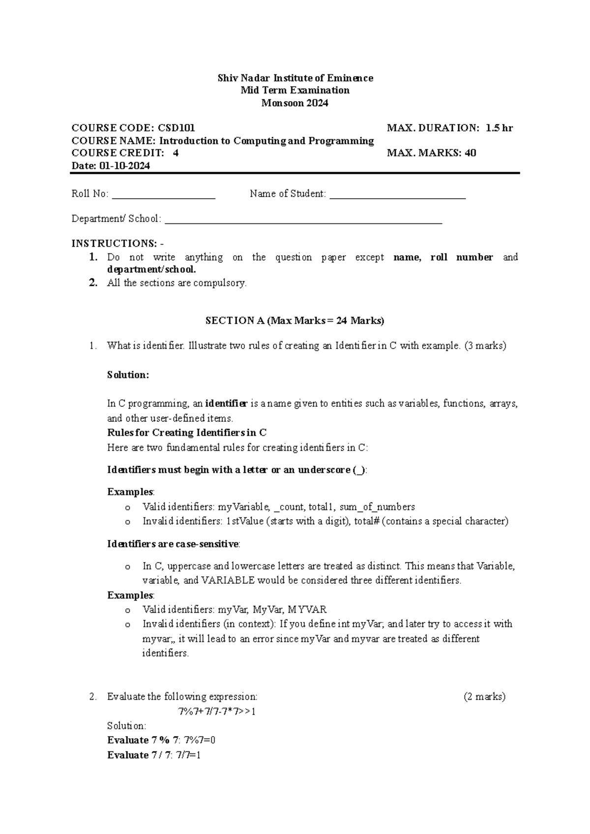 CSD101 Mid Sem paper Solution - Shiv Nadar Institute of Eminence Mid Term Examination Monsoon ...