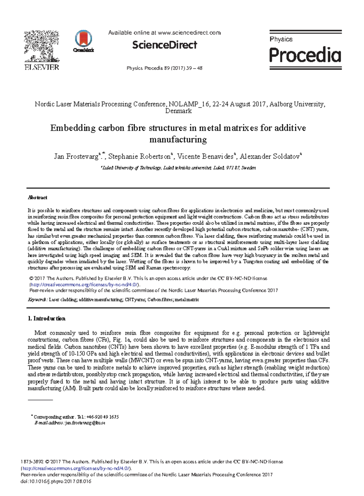 Embedding Carbon Fibre Structures in Metal Matrixes for Additive ...