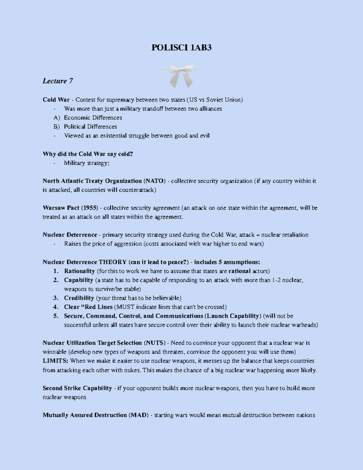 POLISCI 1AB LECTURE NOTES ON COLD WAR AND NUCLEAR POLICY - Studocu