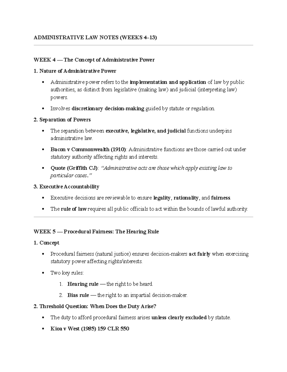 ADMINISTRATIVE LAW NOTES (WEEKS 4-13) - Key Concepts and Cases - Studocu