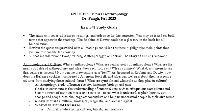 ANTH 195 Cultural Anthropology Dr. Paugh, Fall 2025 Exam 1 Study Guide ...