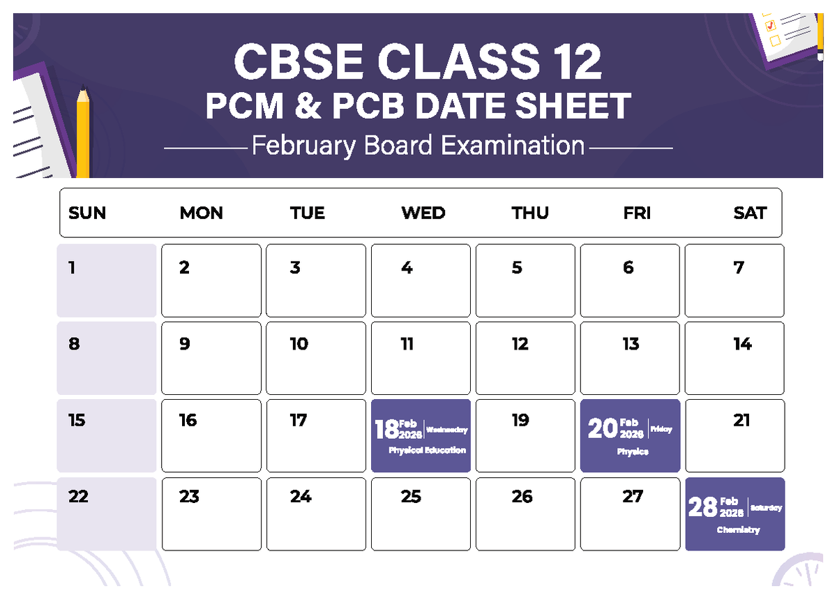 CBSE Class 12 PCM & PCB Exam Calendar 2026 - Studocu