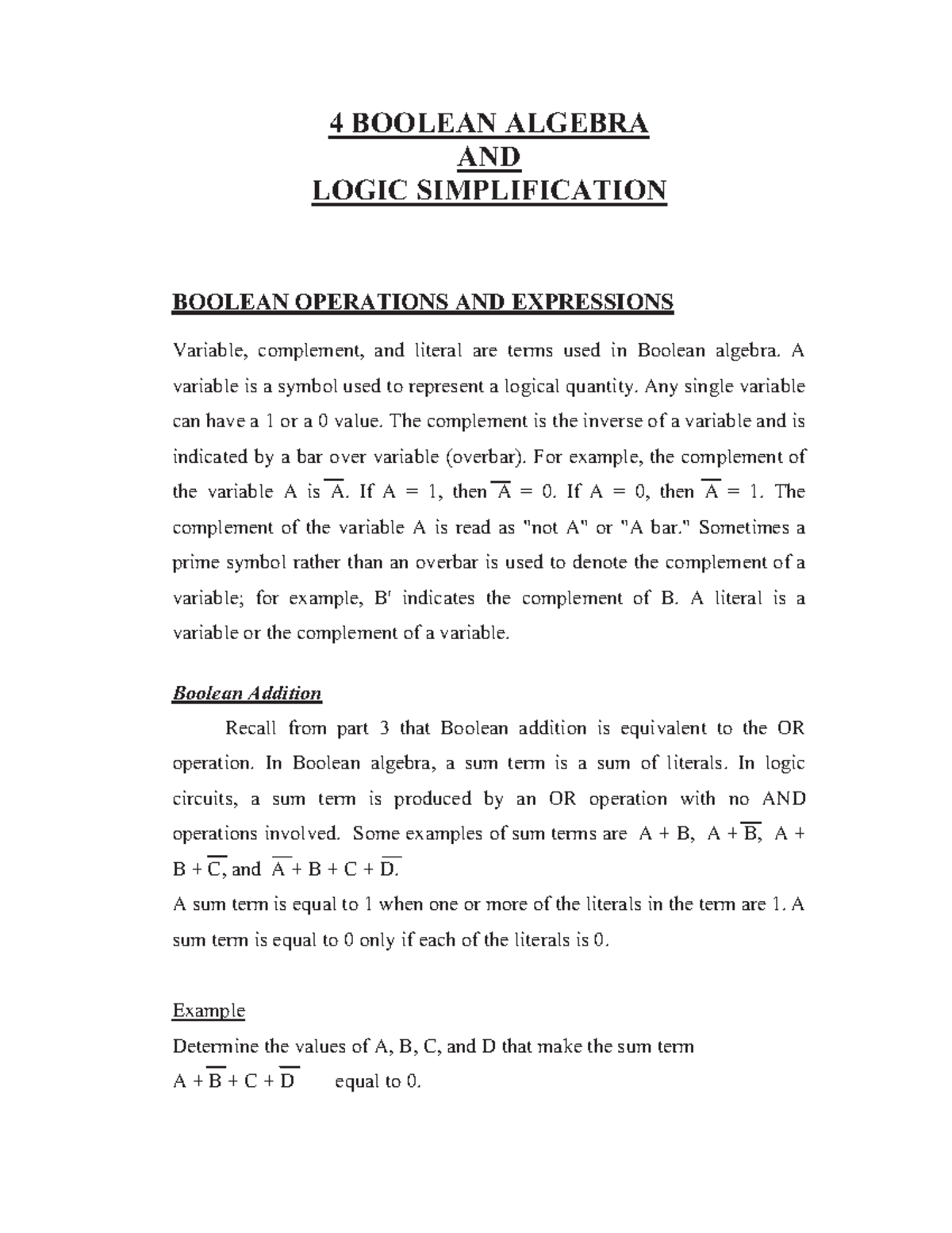 Boolean Algebra & Logic Simplification: Operations & Expressions - Studocu