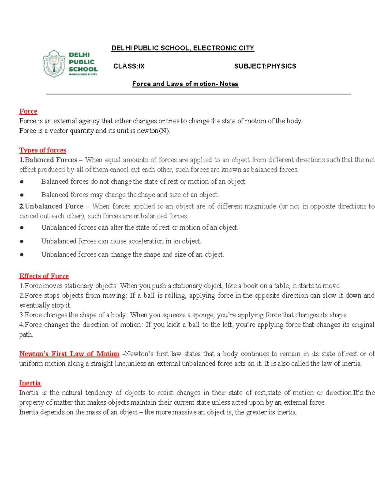 Force and Laws of Motion - Physics Notes (DPS, EC) - Studocu