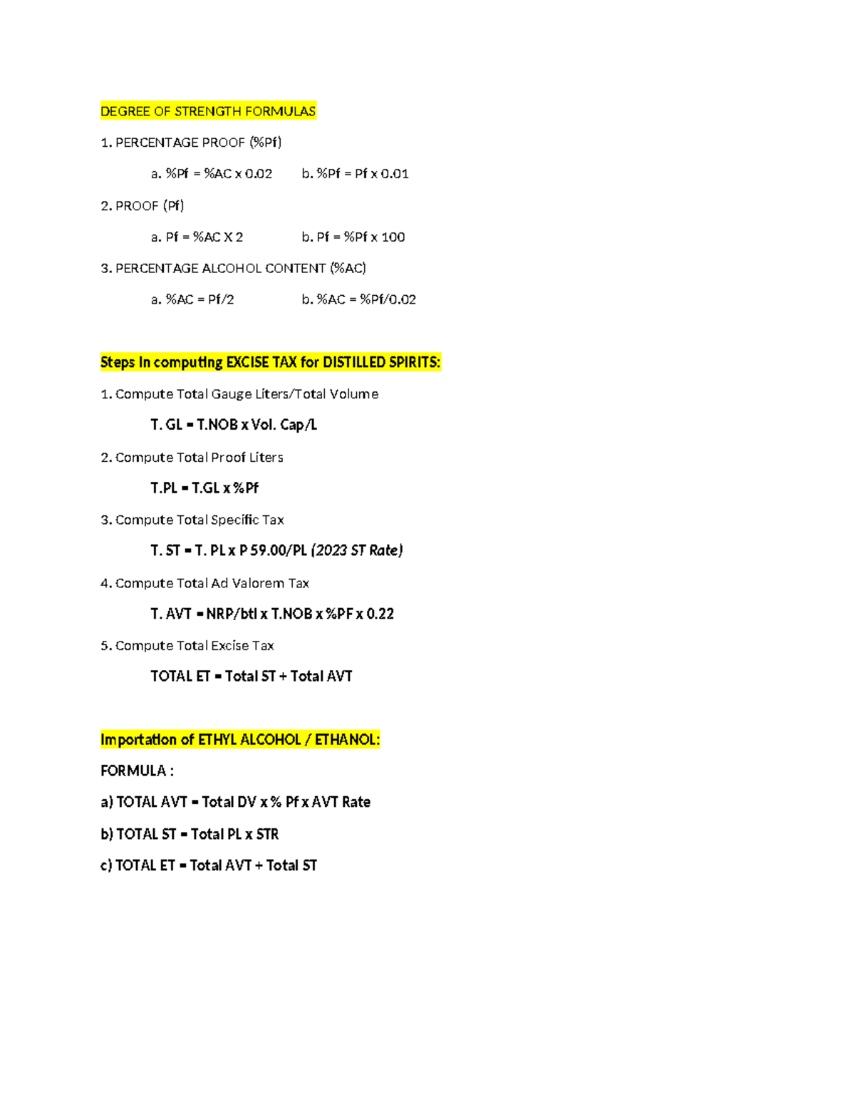 Alcohol Formulas and Excise Tax Computation Guidelines - Studocu