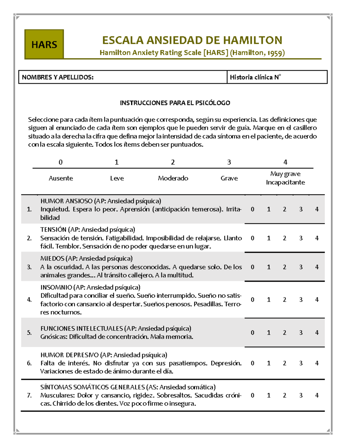 Escala De Ansiedad De Hamilton Para Imprimir Asociación Entre
