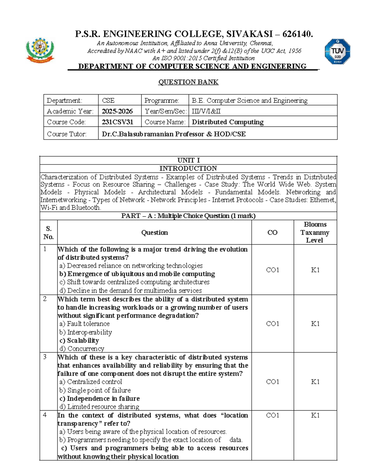 CSE 231CSV31 Distributed Computing Question Bank - Unit I & II - Studocu