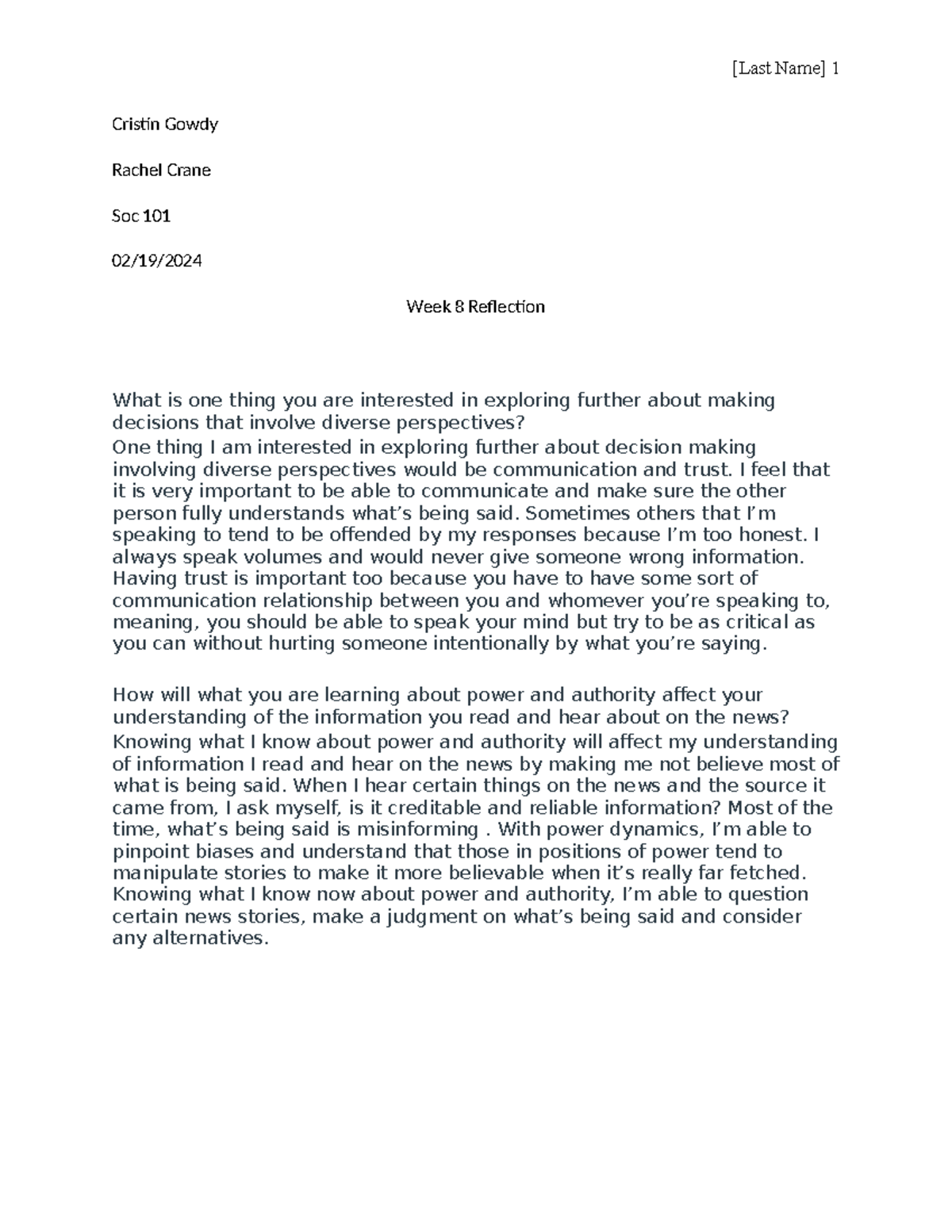 Soc 101 Week 8 Reflection: Exploring Diverse Perspectives in Decision ...