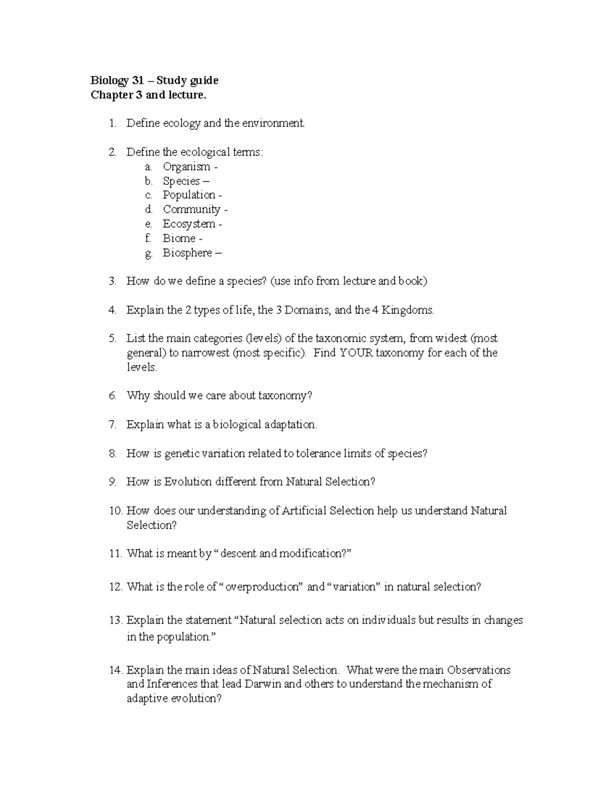 Biology 31: Chapter 3 Study Guide on Ecology and Evolution - Biology 31 ...