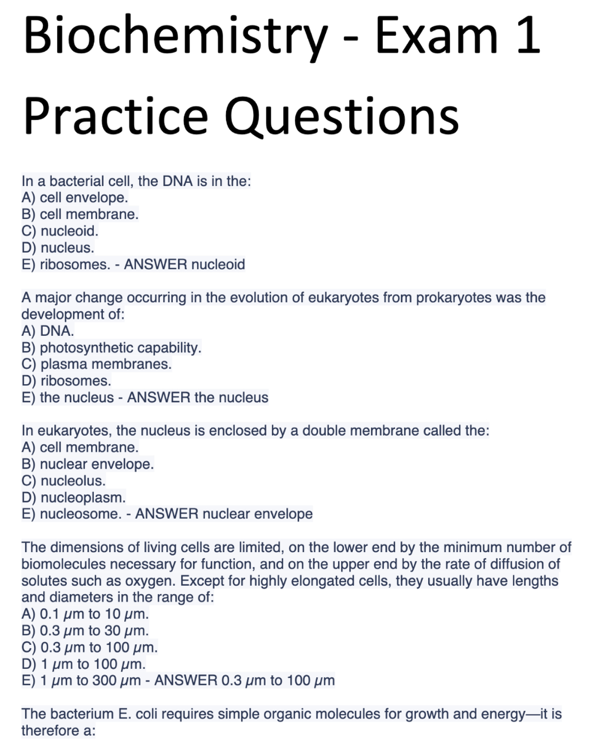 Introduction to Biochemistry - Midterm 1 Practice Exam Questions & Answer Key - Biochemistry ...
