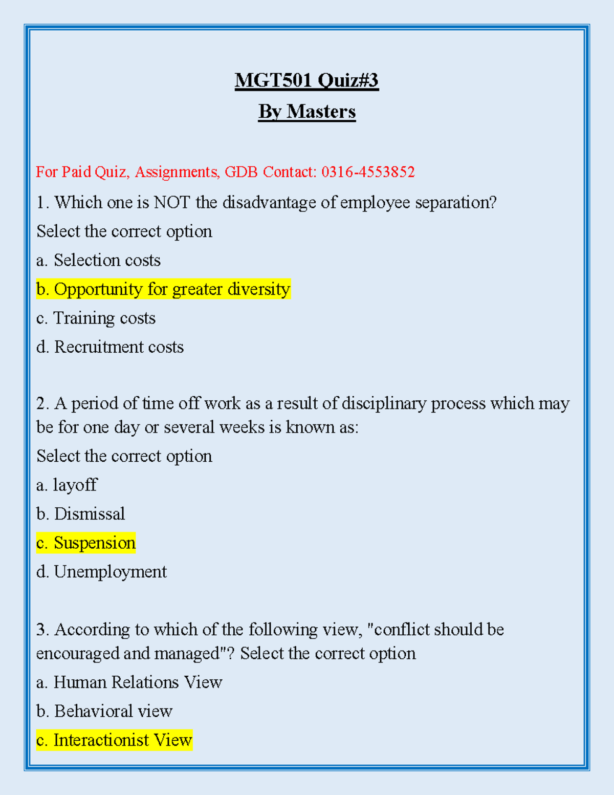 MGT501 Quiz 3 Solutions by Masters - Comprehensive Guide - Studocu