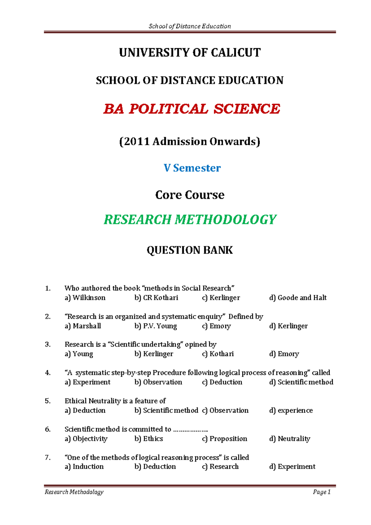 Research Methodology Question Bank - BA Political Science (V Sem) - Studocu