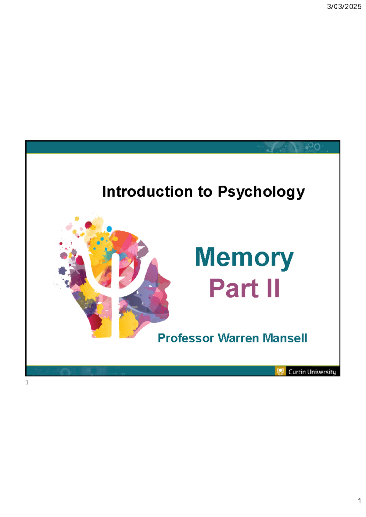 PSYC1000 - Lecture Notes: Memory Reconstruction & Autobiographical ...