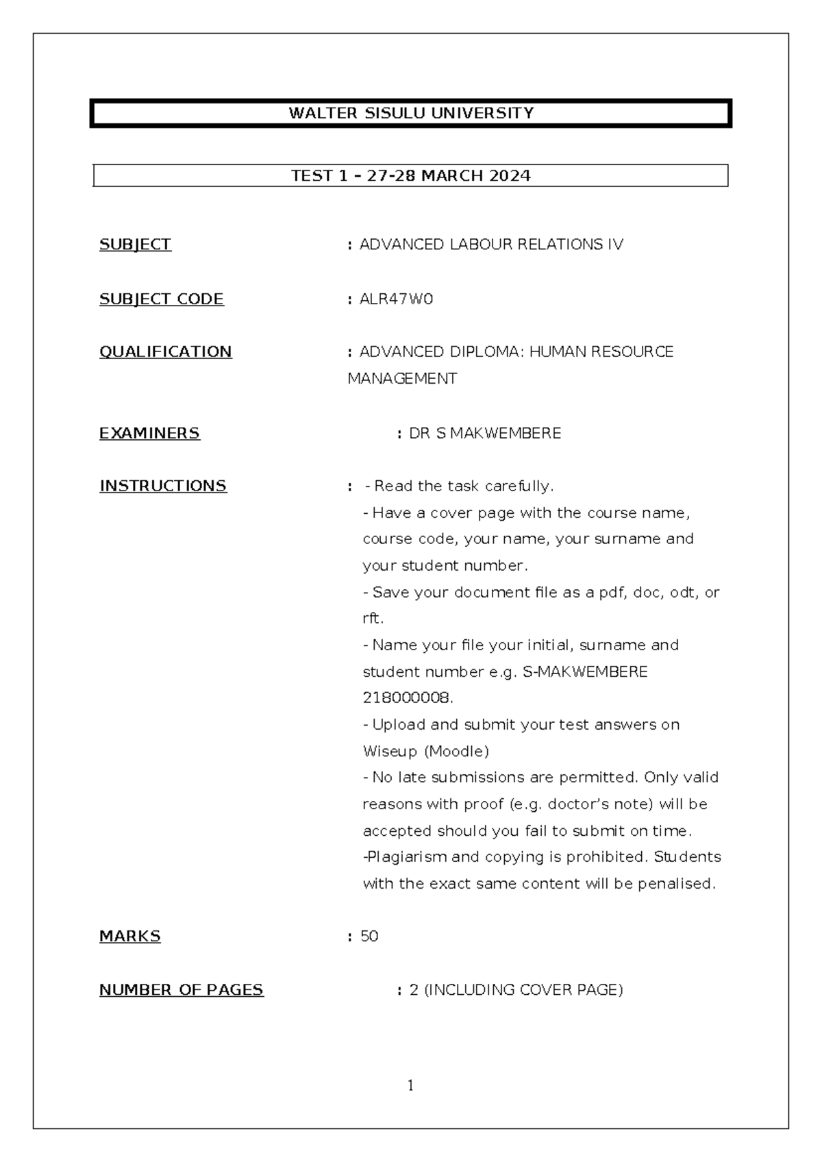 ALR47W Test 1: Advanced Labour Relations Case Study Analysis - Studocu