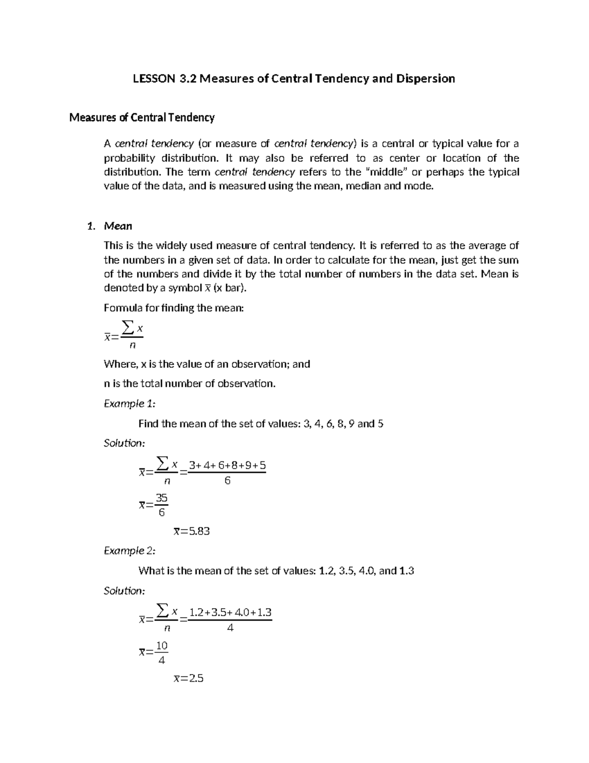 Lesson 3.2: Central Tendency & Dispersion Measures Explained - Studocu