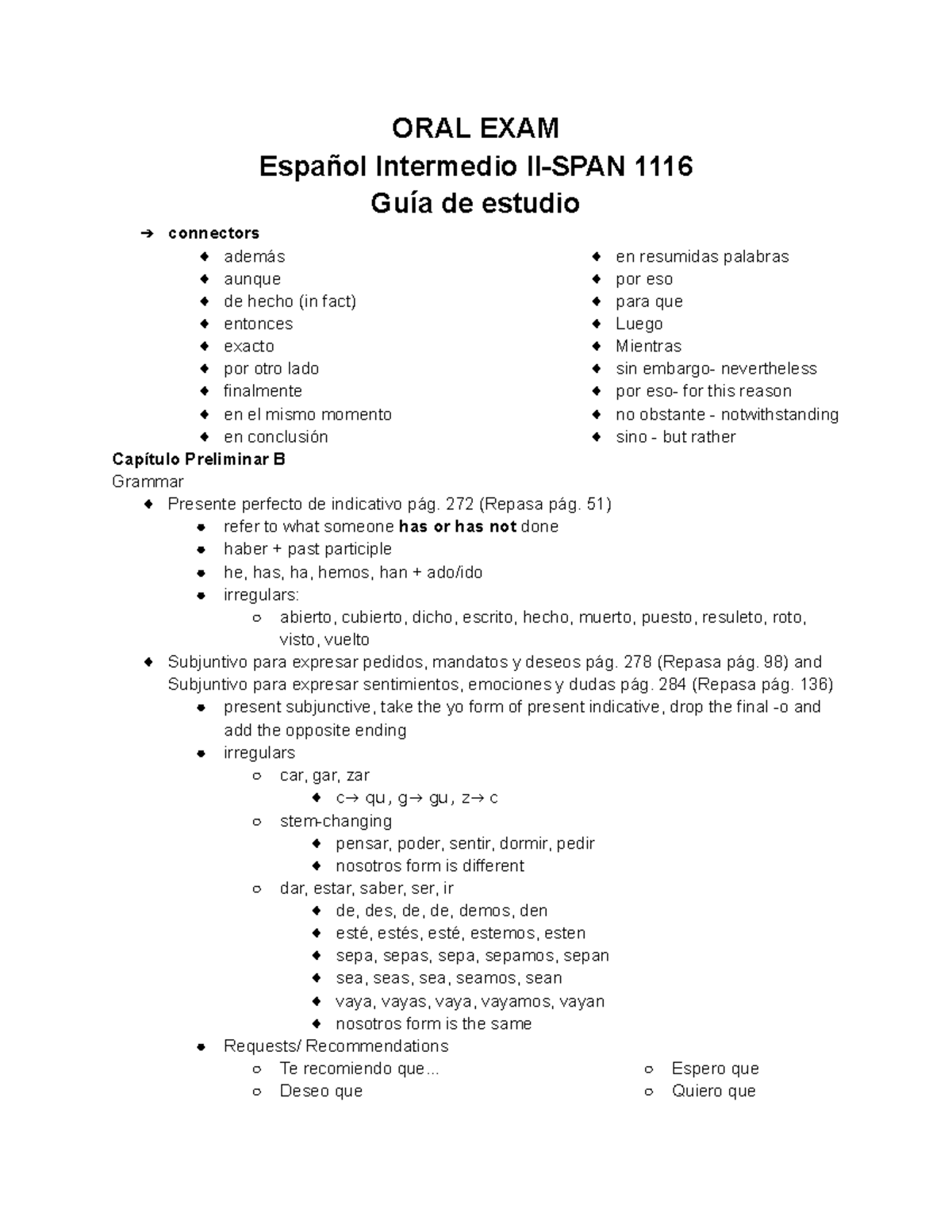 Intermediate Spanish II Oral Exam Review - ORAL EXAM Español Intermedio ...