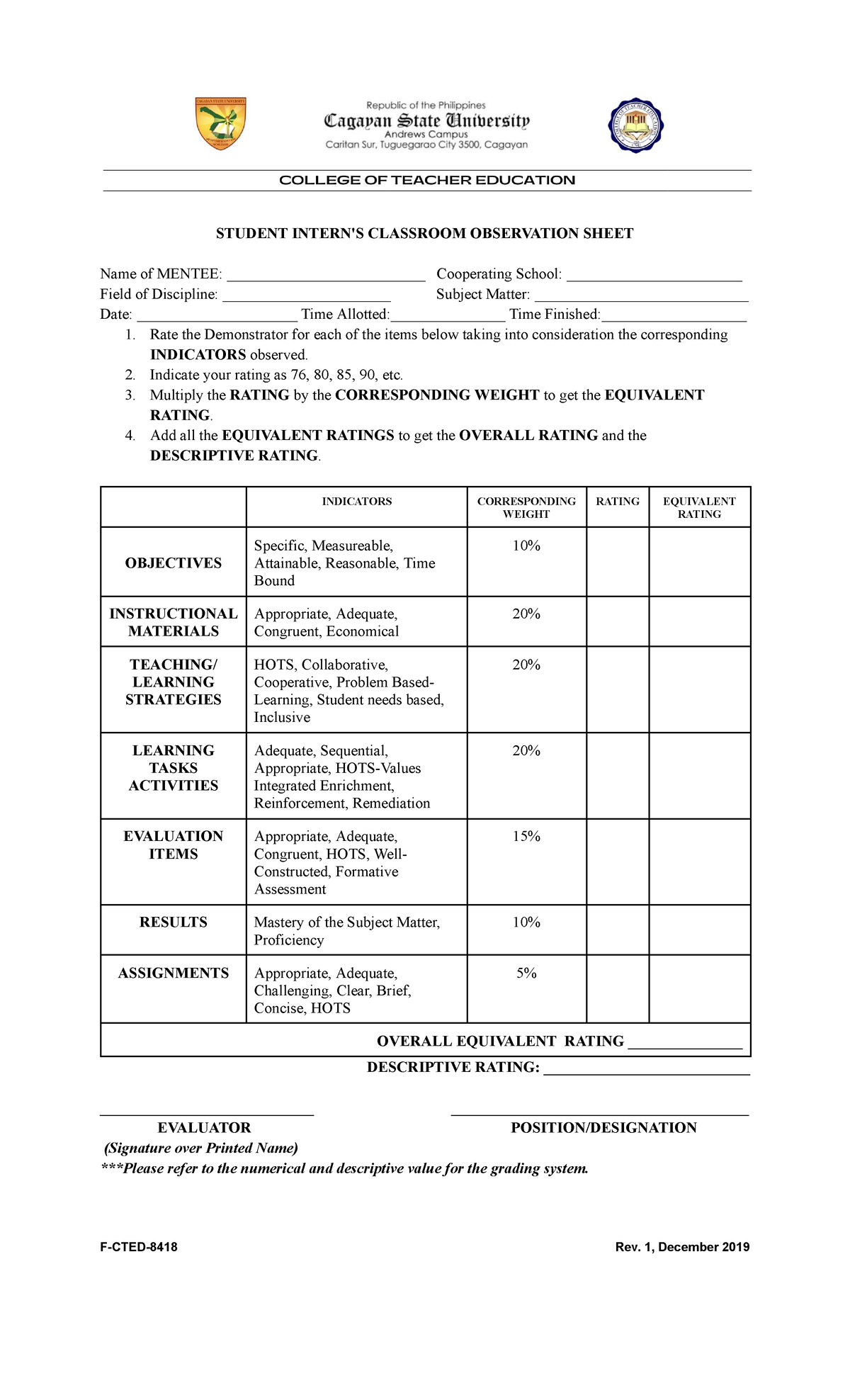 Evaluation-form - Rating Sheet - STUDENT INTERN'S CLASSROOM OBSERVATION ...