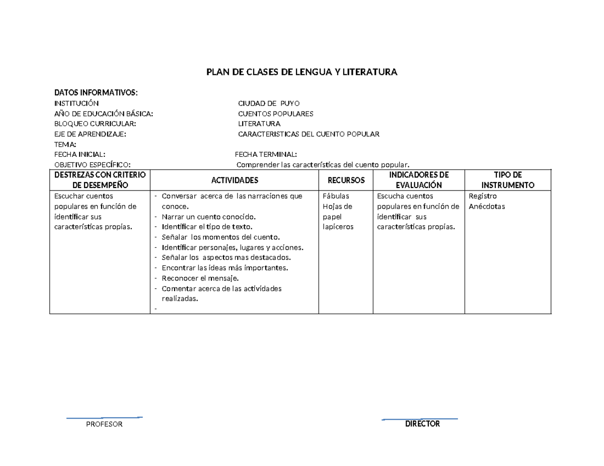 PLAN DE CLASES DE LENGUA Y LITERATURA - QUINTO AÑO BÁSICO - Studocu