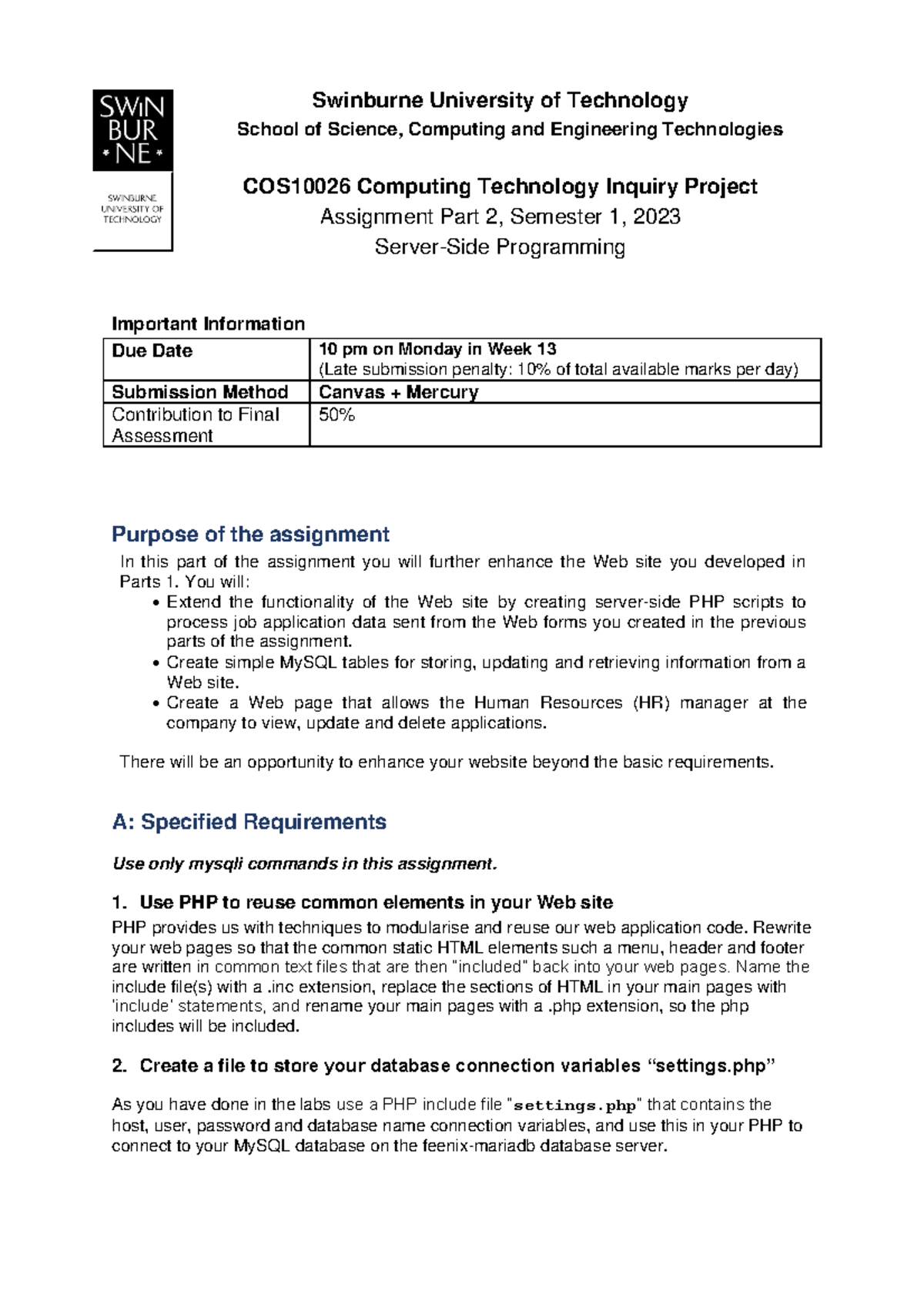 COS10026 Assignment 2: Server-Side Programming Enhancements - Studocu