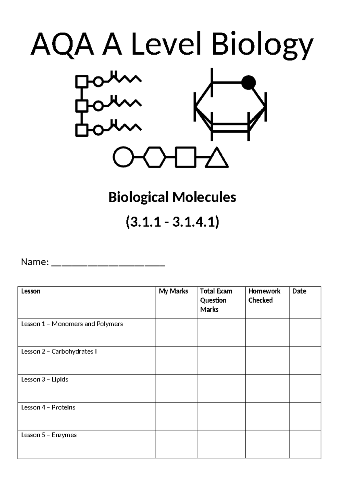 AQA A Level Biology Biological Molecules (3.1.1 3.1.4.1) Lesson Notes ...