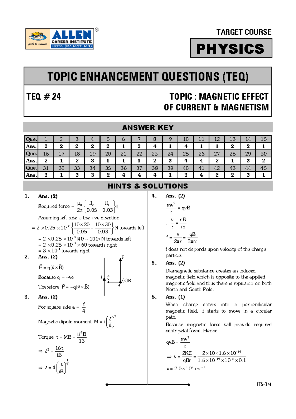 TEQ 24: Magnetic Effect of Current Solutions for Physics Course - Studocu
