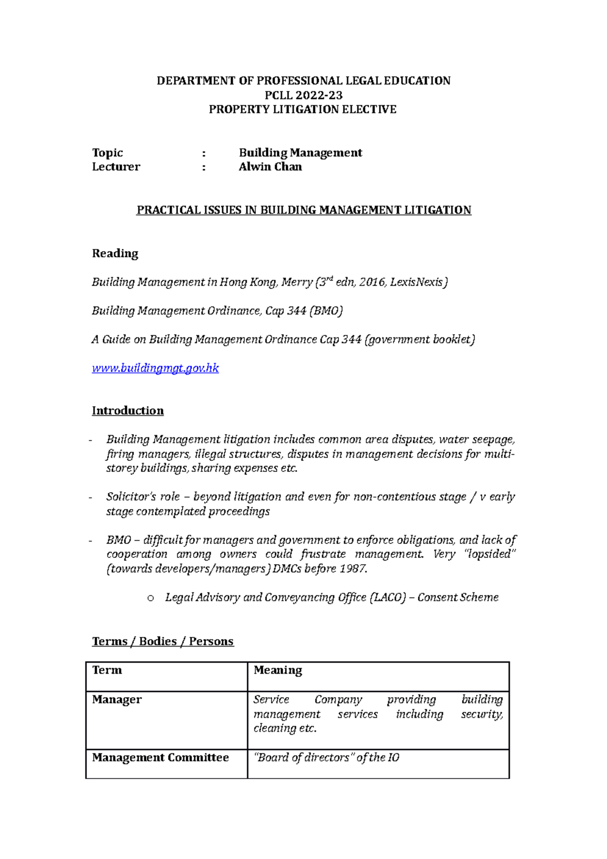PCLL 2022 Property Litigation: BM Elective Lecture Outline - Studocu