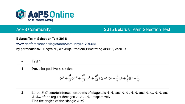 AoPS Community 2016 Belarus Team Selection Test - Detailed Solutions ...