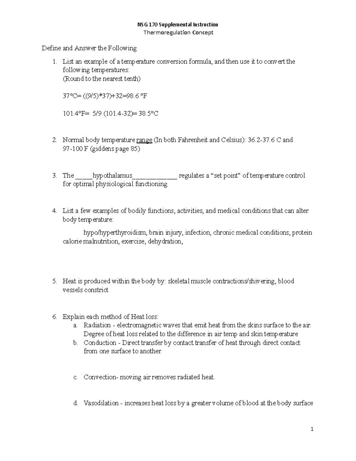 NSG 170 Thermoregulation Worksheet: Key Concepts & Answers - Studocu