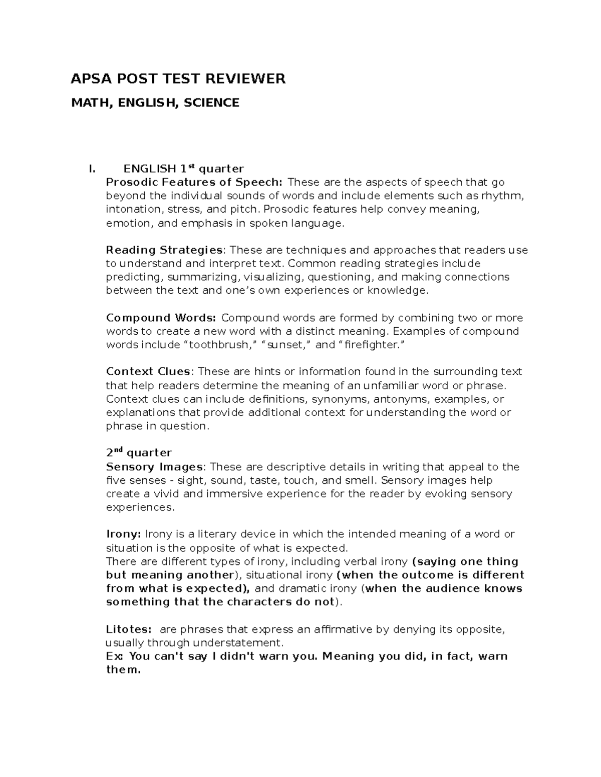 APSA POST TEST Review: English, Math & Science Concepts - Studocu