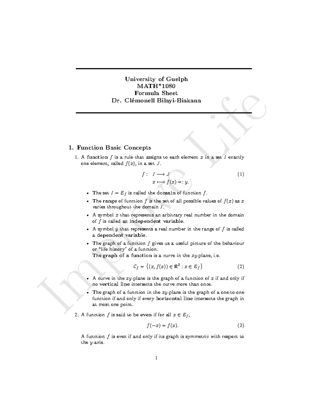B W26 Formula Sheet: Key Concepts of Functions and Integrals - Studocu