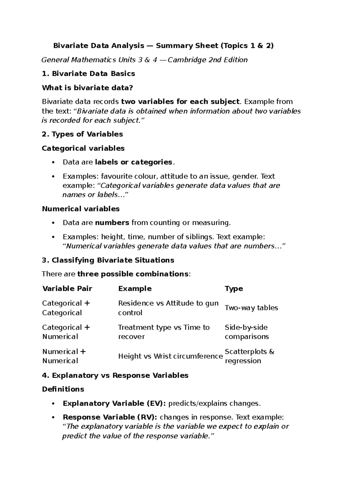 Chapter 1 & 2 Bivariate Data Analysis Summary (Gen Math Units 3 4 ...