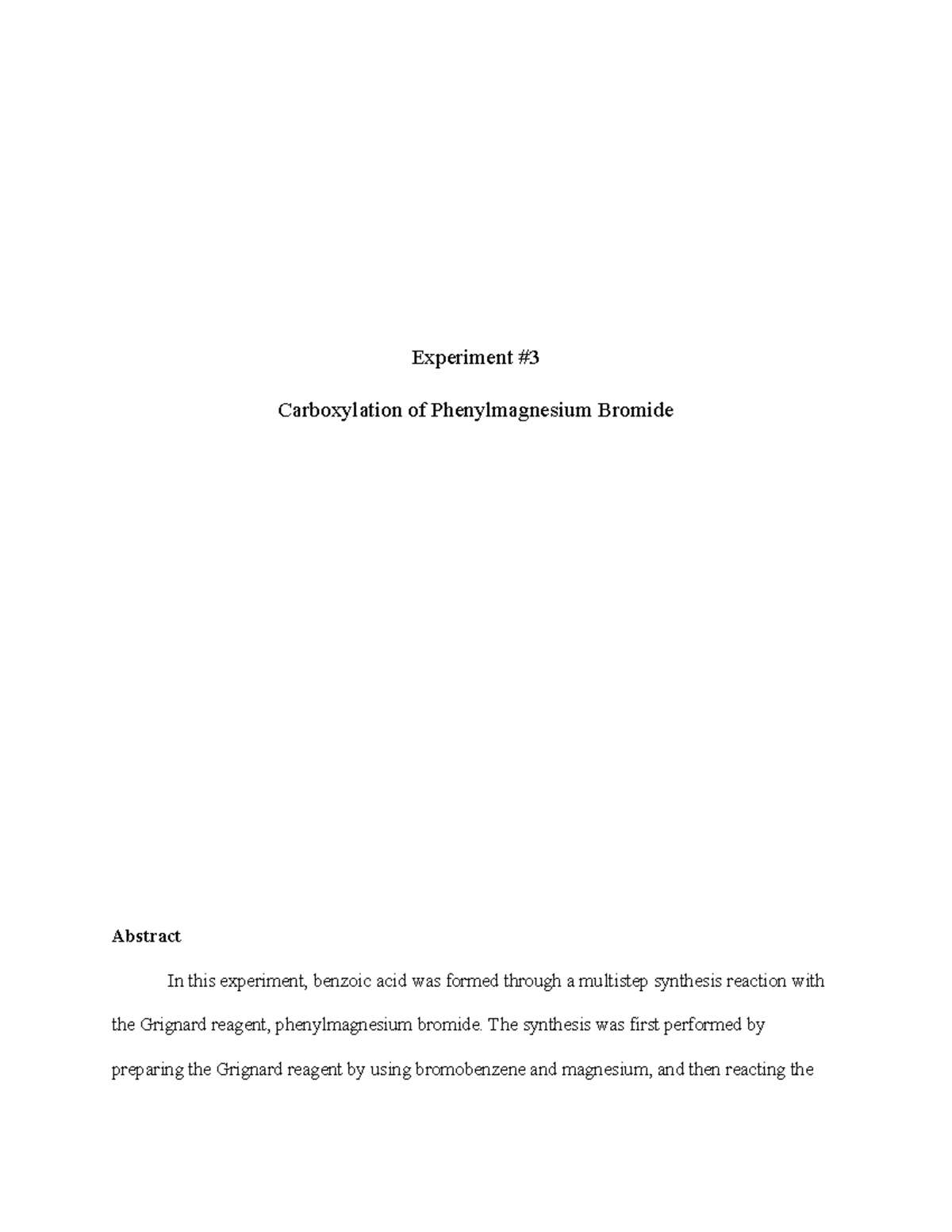 Orgo Lab Report - Experiment Carboxylation of Phenylmagnesium Bromide ...