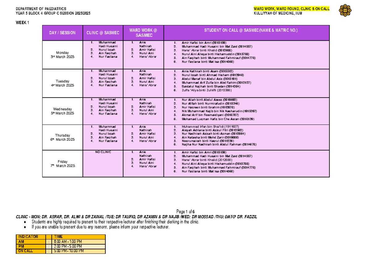 Timetable for Year 5 Block 4 Group C Clinic & Ward Rotations - IIUM ...