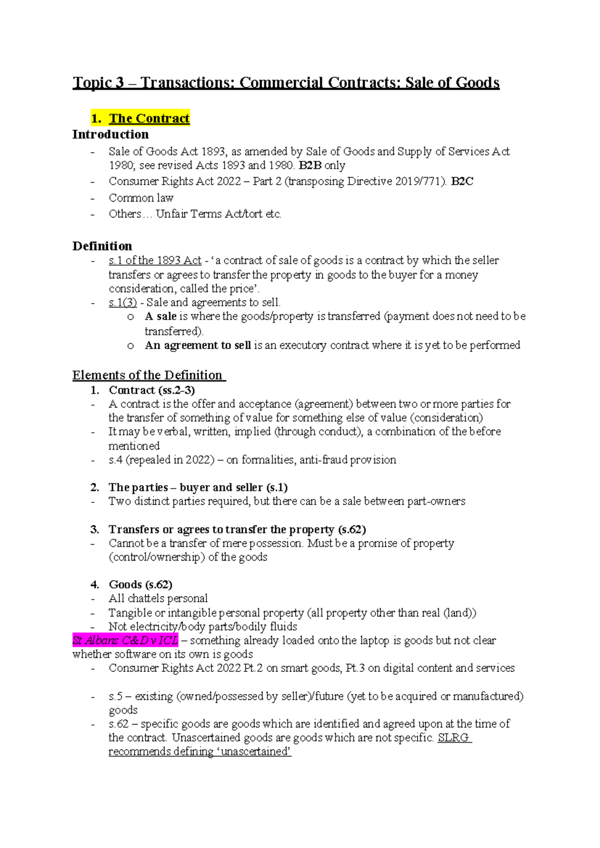Topic 3 - Transactions: Commercial Contracts & Sale of Goods Overview ...