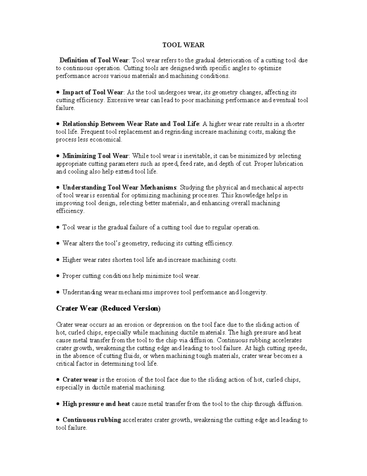 Tool Wear notes - Tool Wear - TOOL WEAR Definition of Tool Wear: Tool ...