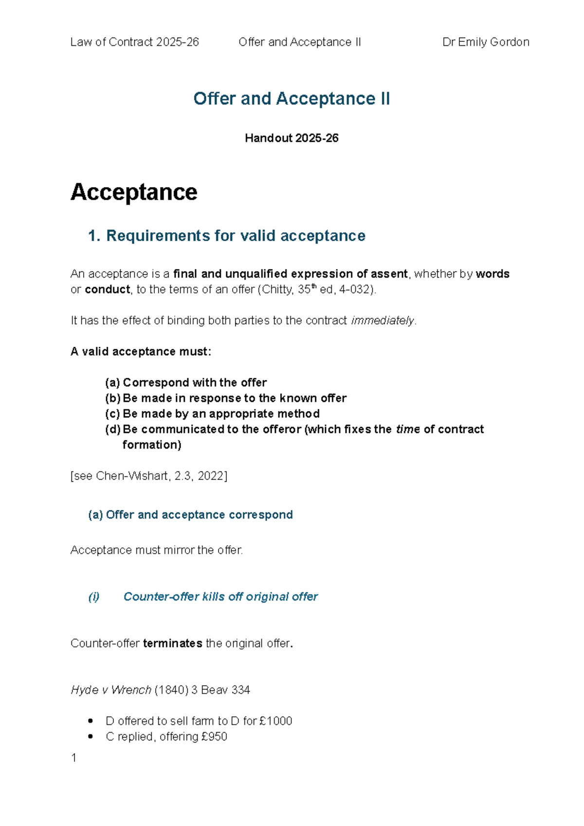 Law of Contract Offer and Acceptance II Handout 2025-26 - Studocu