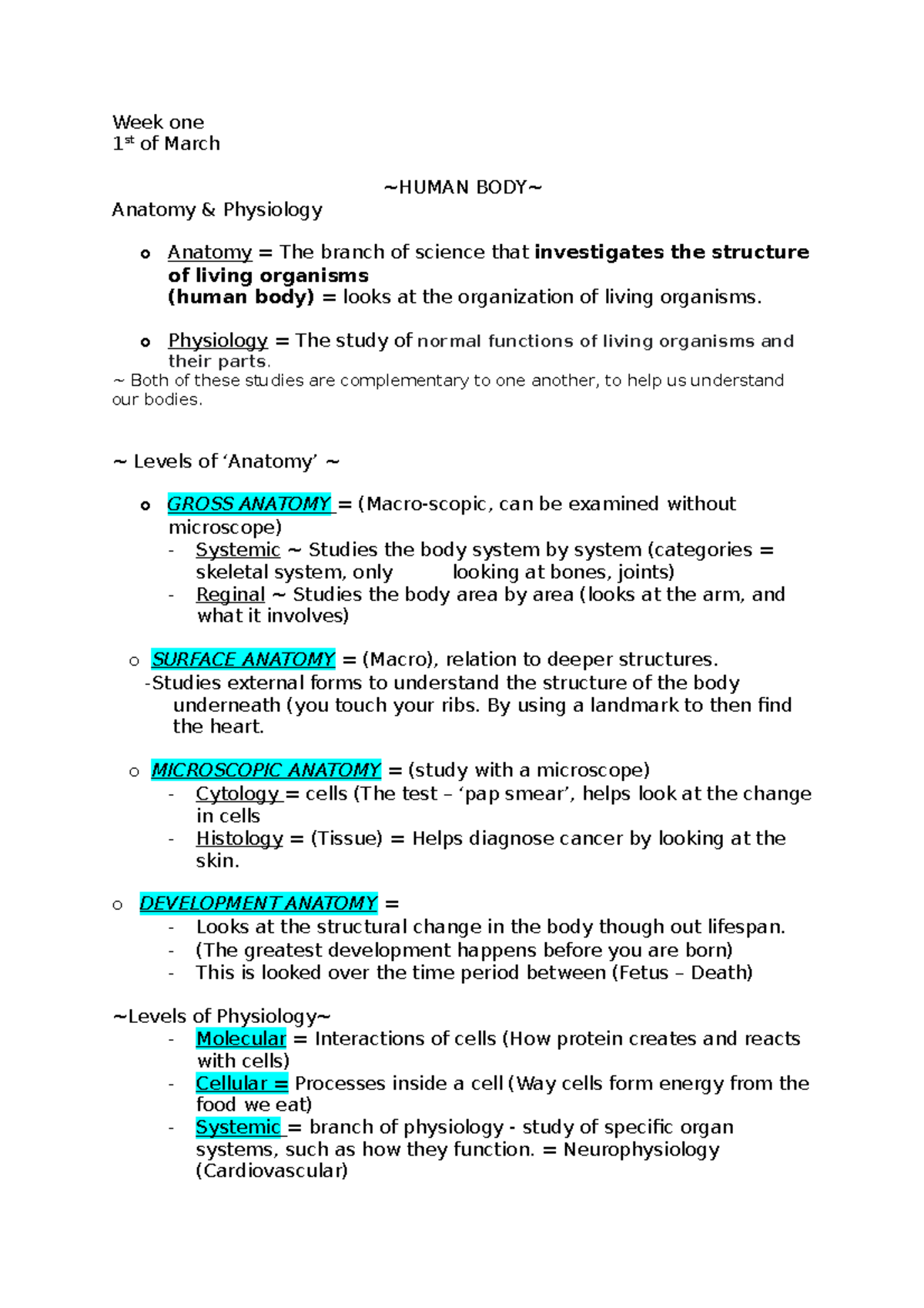 Week 1: Introduction to Human Body Terms - Anatomy & Physiology - Studocu
