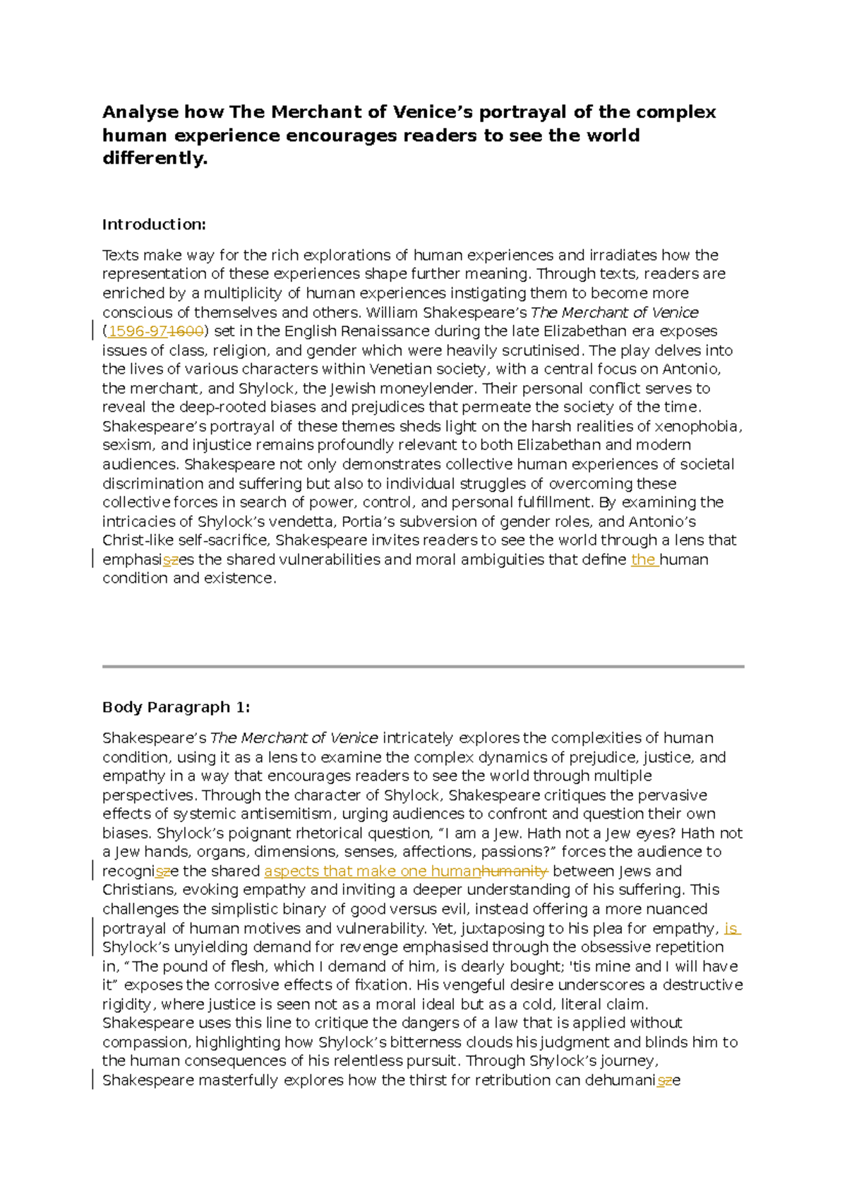 HSC Essay: Exploring Human Experience in The Merchant of Venice - Studocu