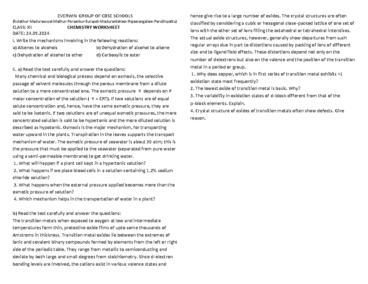 Class XII - Chemistry Worksheet: Reactions & Concepts Explained - Studocu