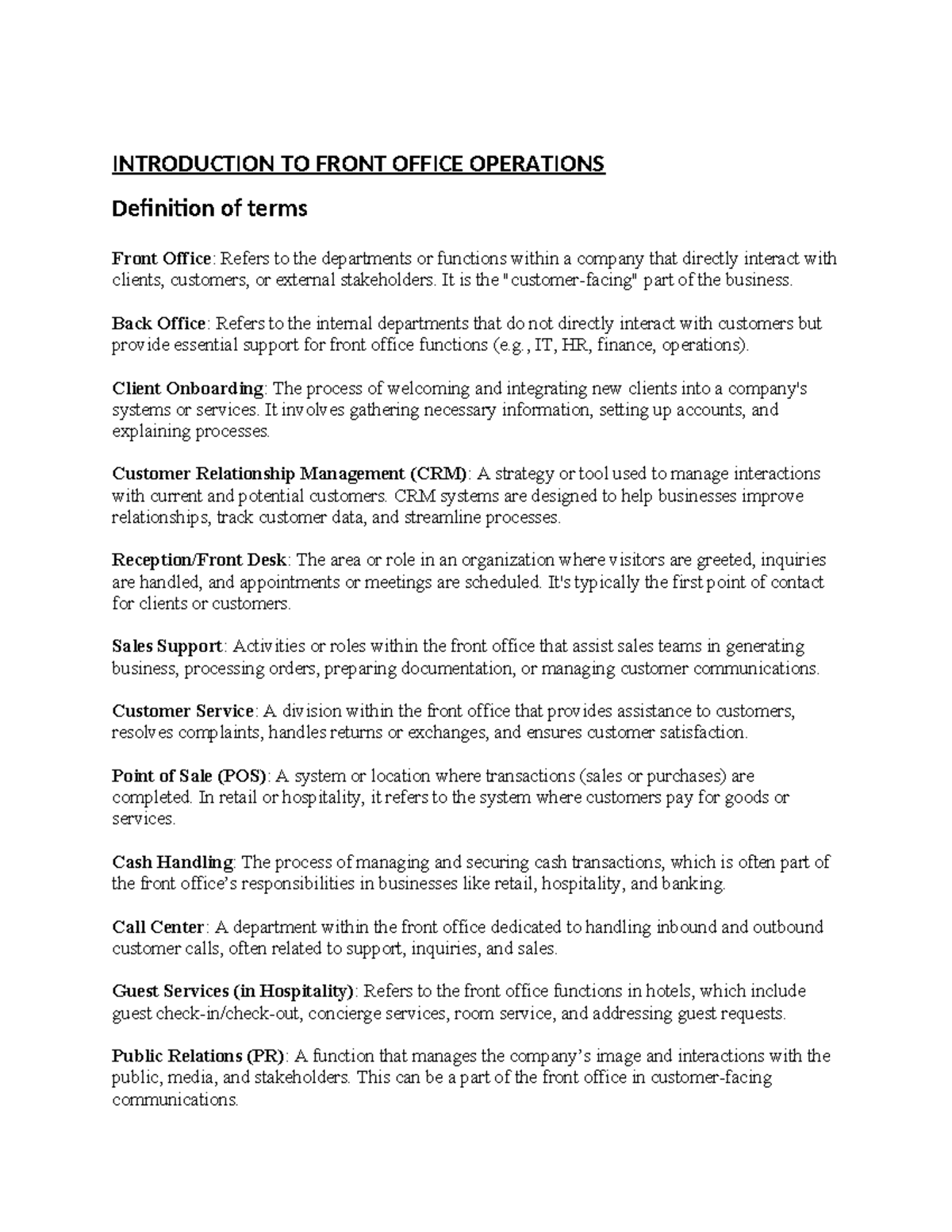 Introduction TO Front Office Operations - INTRODUCTION TO FRONT OFFICE ...