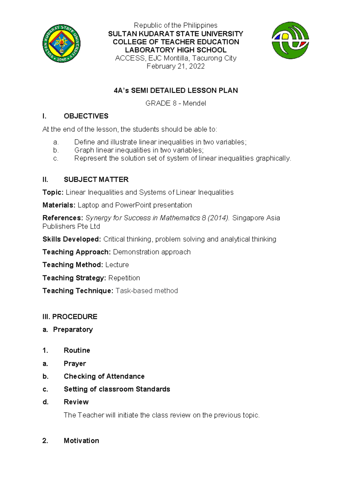 Lesson 3 Linear Inequalities and graphing - SULTAN KUDARAT STATE ...