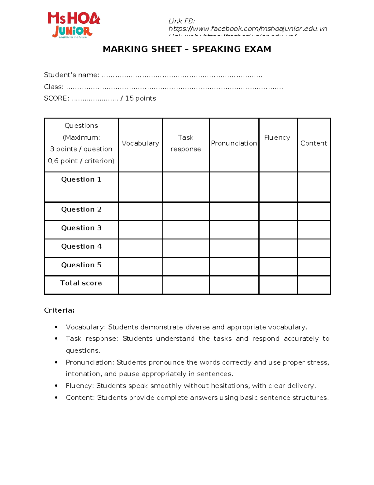 Marking Sheet - Speaking EXAM - Link FB: facebook/mshoajunior.edu.vn ...