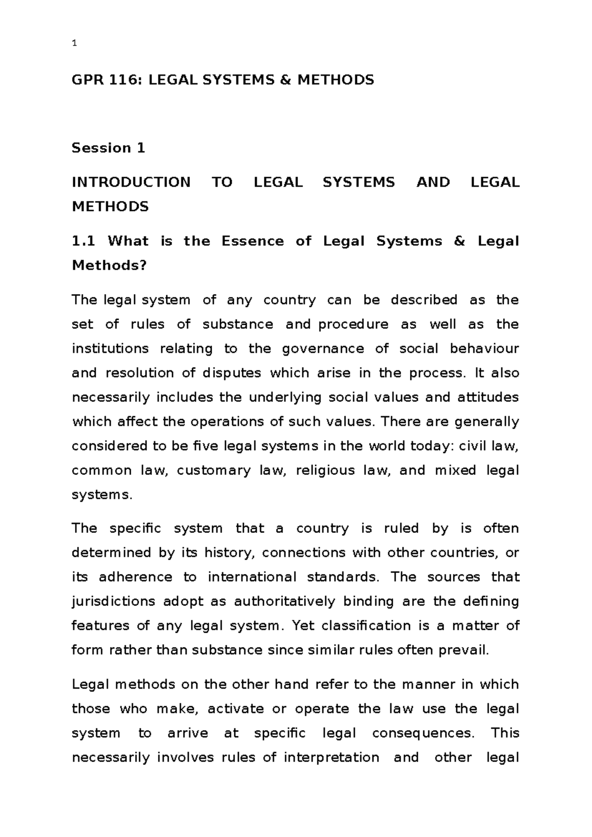 GPR 116: Legal Systems & Methods Class Notes - Session 1 Overview - Studocu
