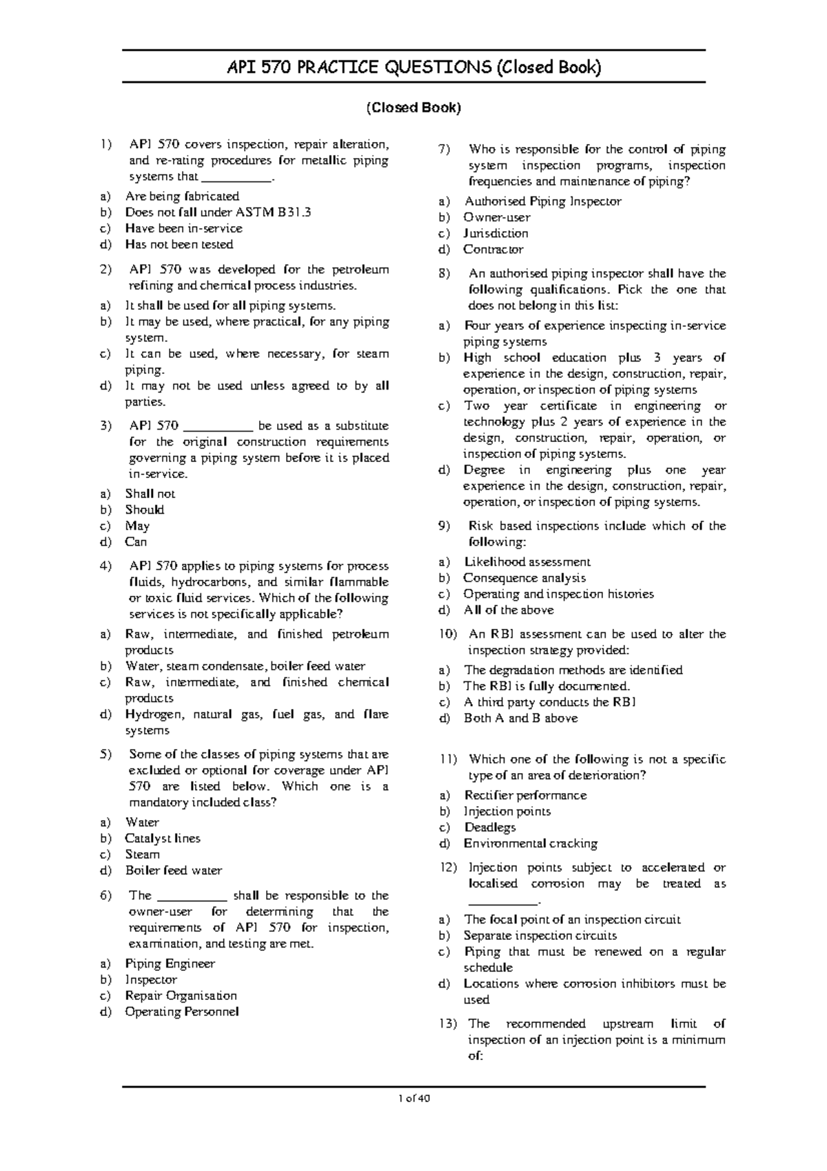API 570 PRACTICE QUESTIONS (Closed Book) - Comprehensive Review - Studocu