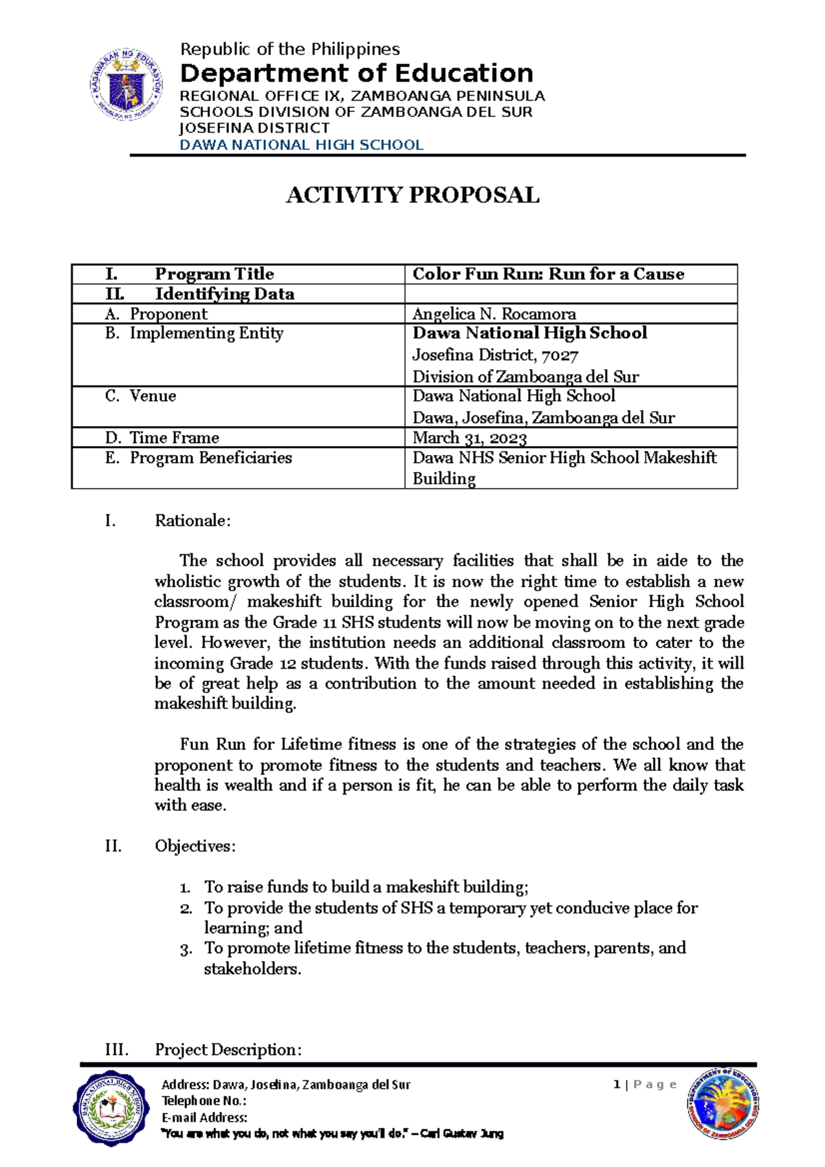 FUN RUN Activity Proposal - Department of Education REGIONAL OFFICE IX ...