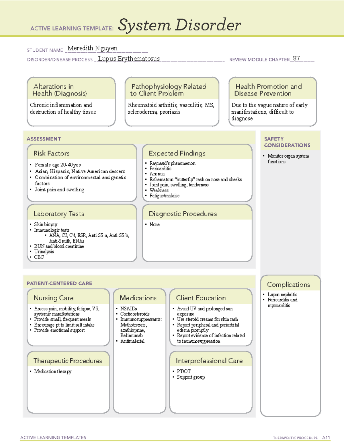 Lupus Erythematosus - ATI Active Learning Template & Care Notes - Studocu