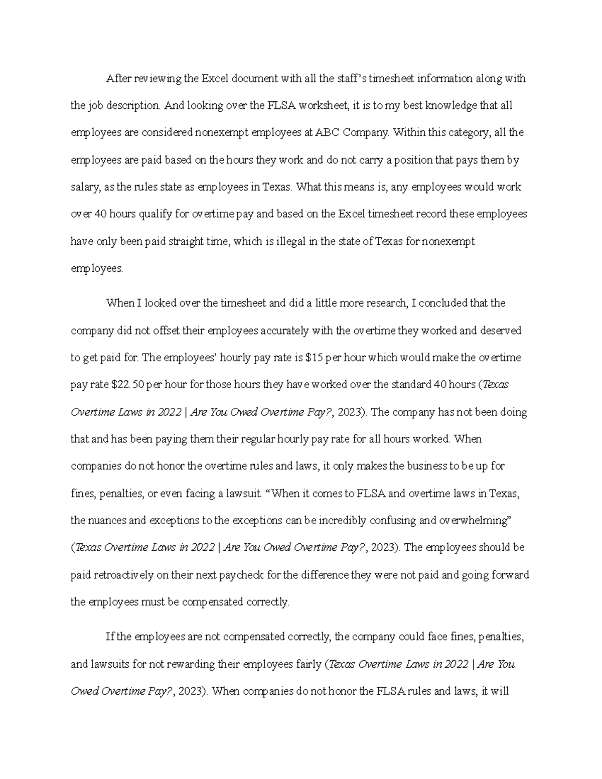 HRM 225. Project One - Analysis of Overtime Pay Compliance Issues - Studocu