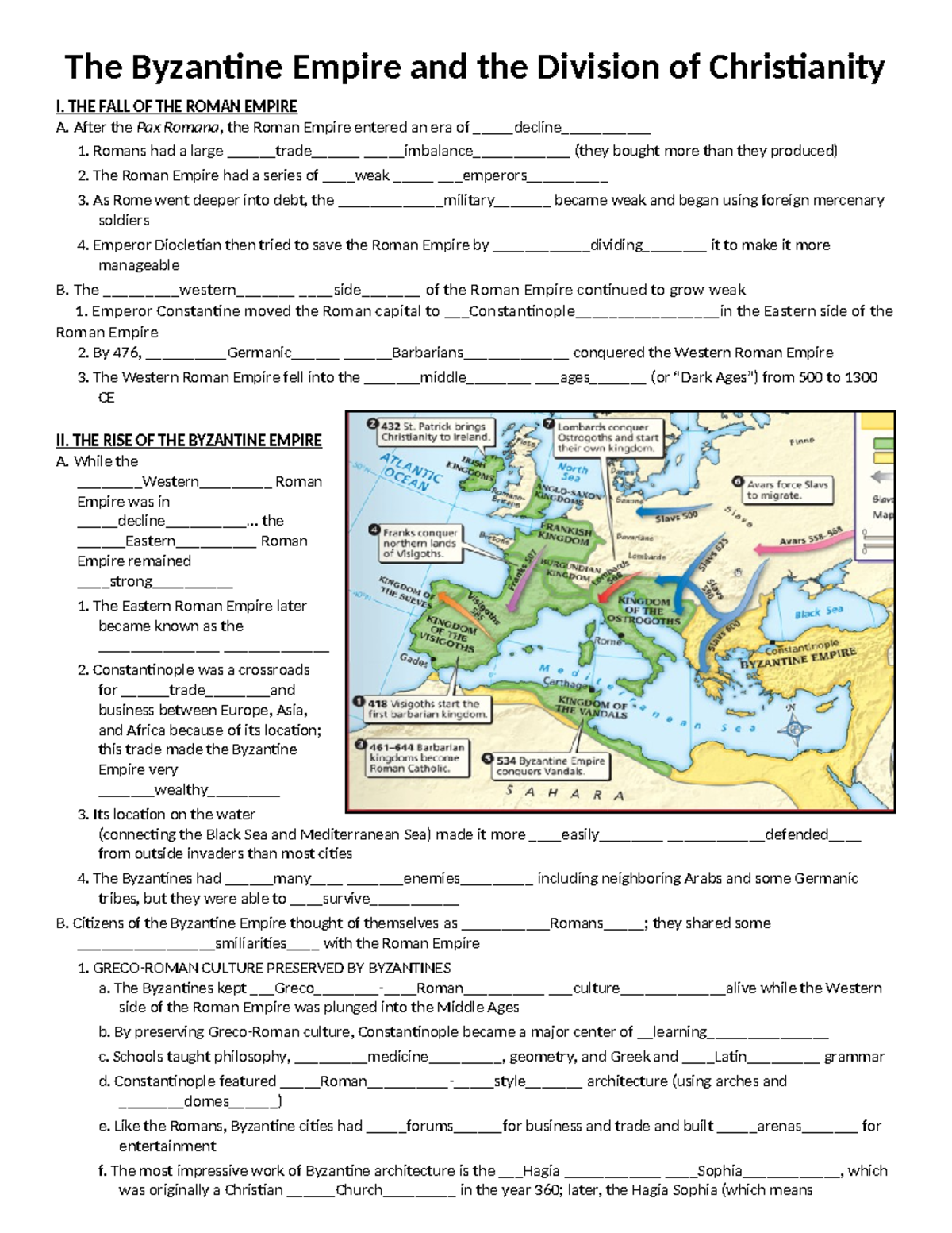 World Unit 4 Lesson 1 Byzantine Empire And Christianity Division Notes