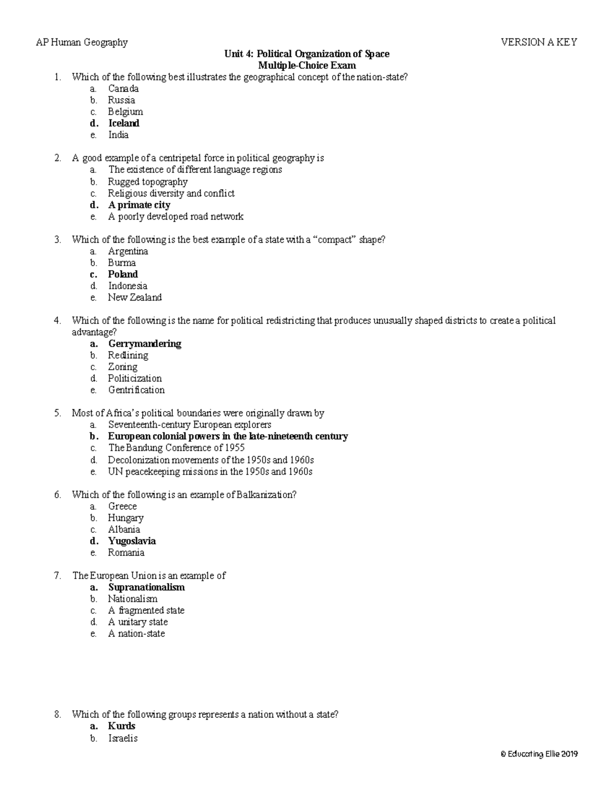 AP Human Geography - Political Organization of Space Exam Key (Version ...